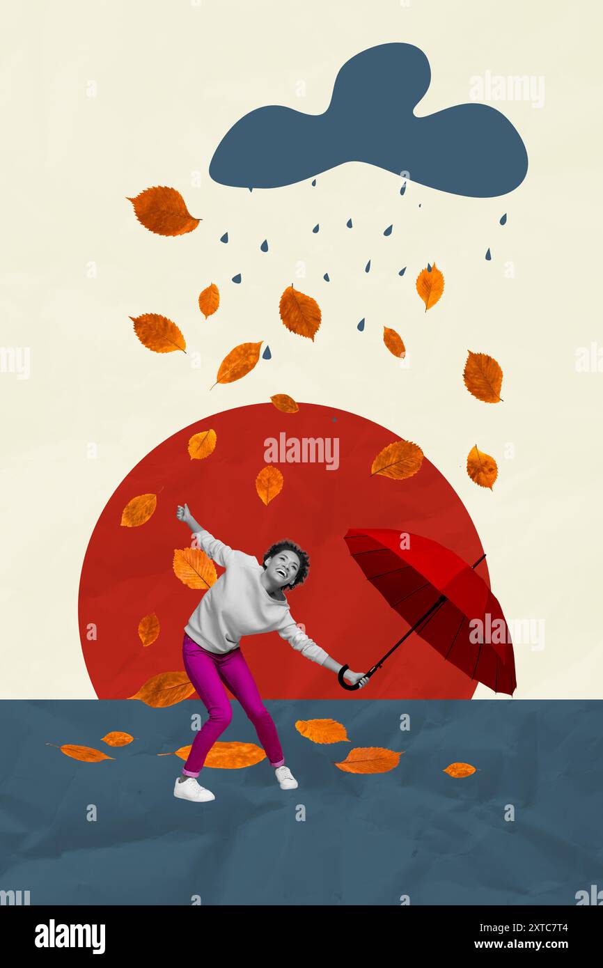 Vertical photo collage of happy girl dance autumn rain drop cyclone ...