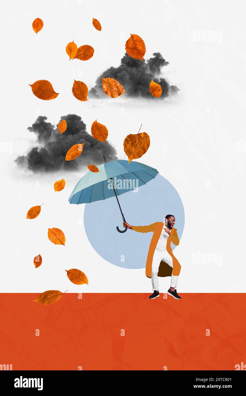 Vertical photo collage of happy american guy hold umbrella windy ...