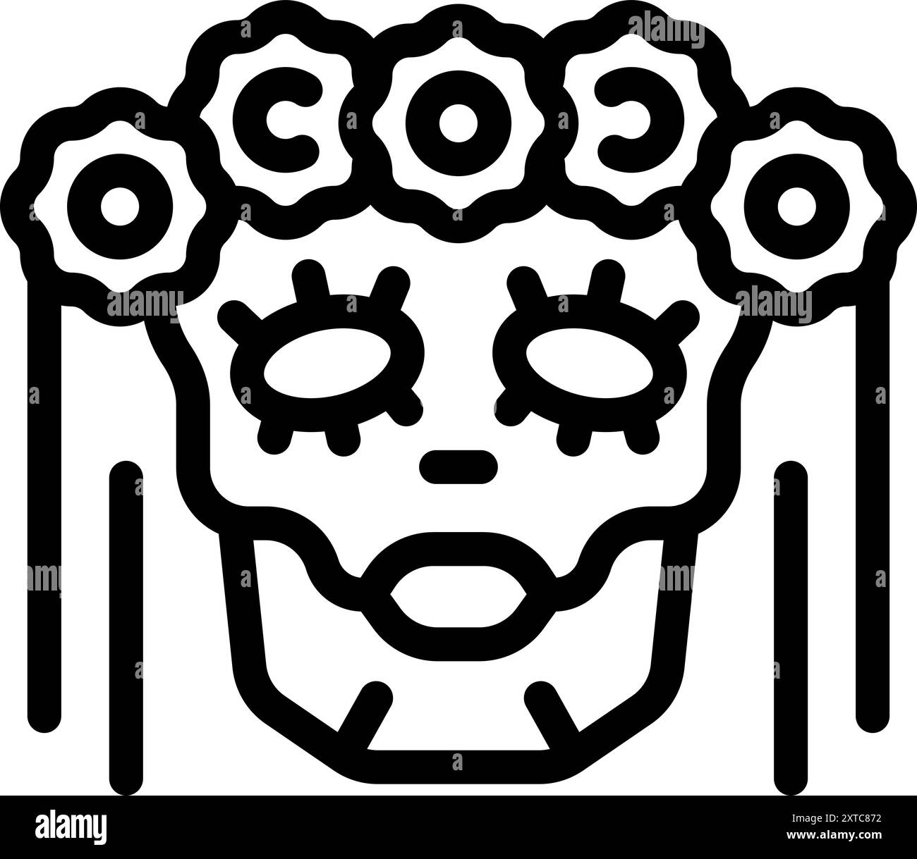 Line art illustration of a calavera mask with flowers, representing the ...