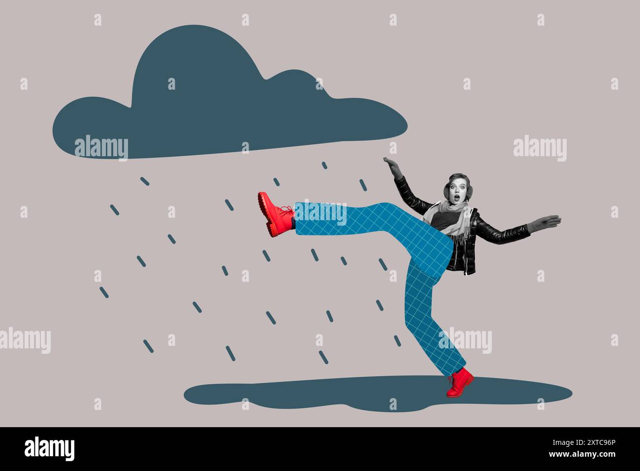 Composite photo collage of shocked girl fall puddle rain cyclone cloud ...