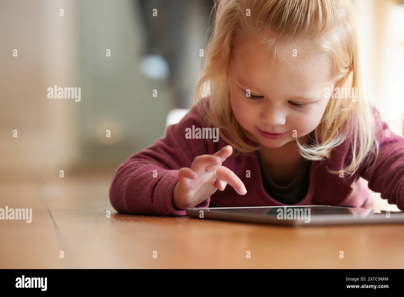Child, tablet and digital game with online education, fun and youth ...