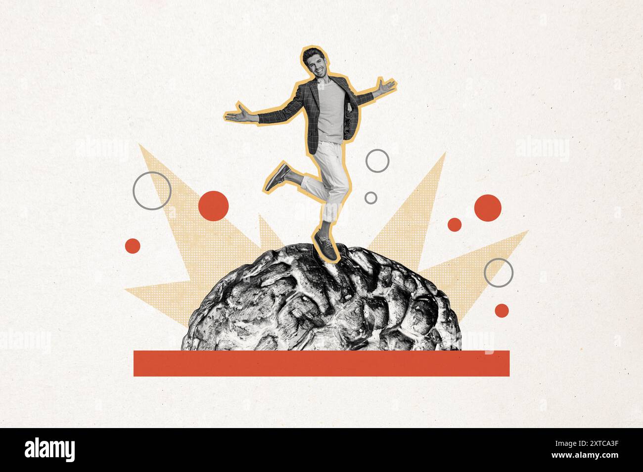 Composite photo collage of happy man jump cortex brain mind think organ ...