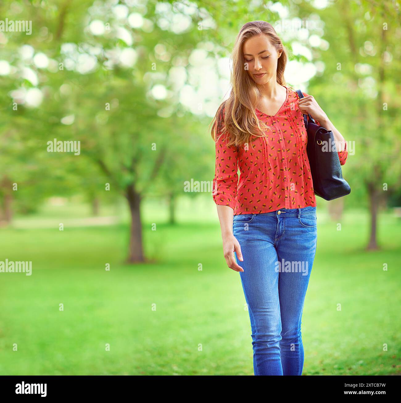 Woman, walking and path for commute in park, employee and morning in ...