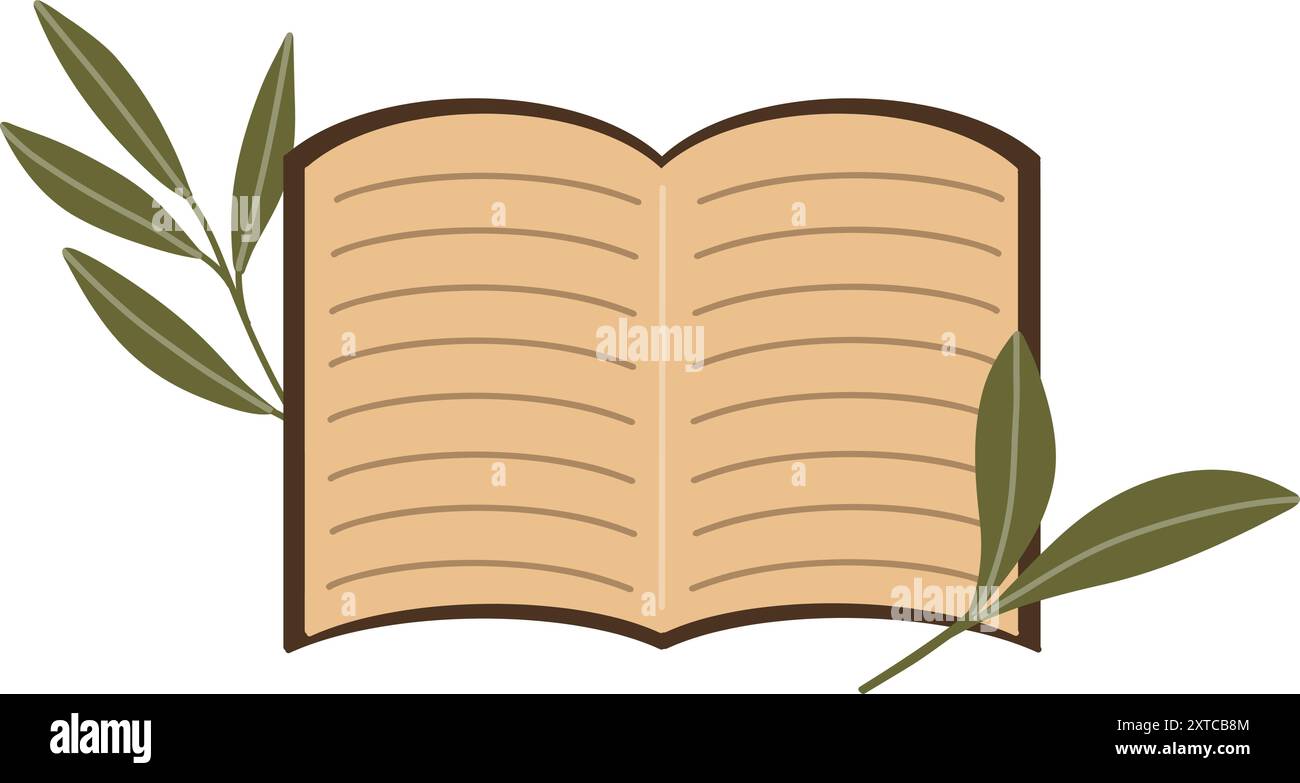 vector illustration of an open book with green leaves. Book with text ...