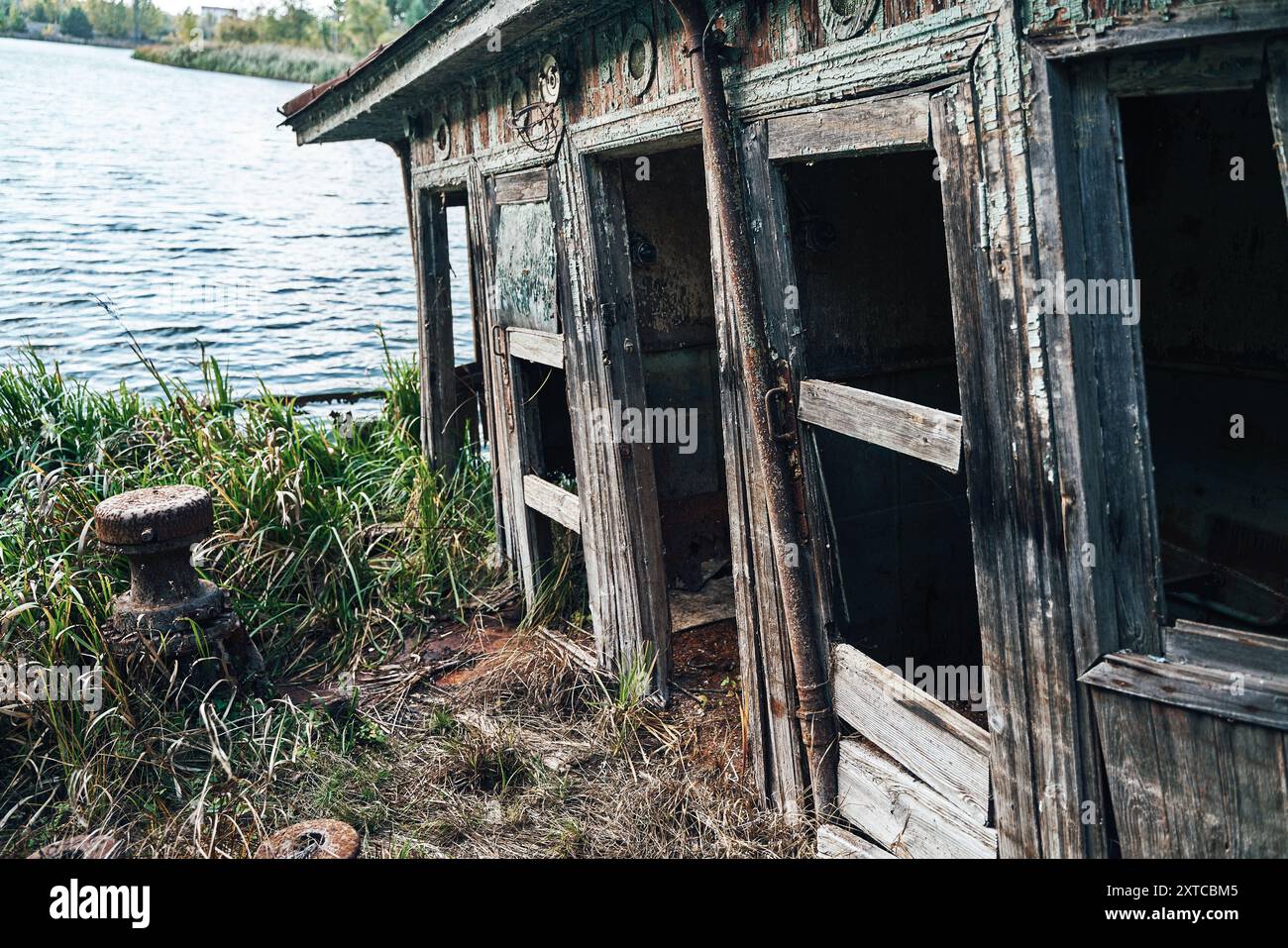 Abandoned floating boat restaurant in the harbour of ghost town Pripyat ...