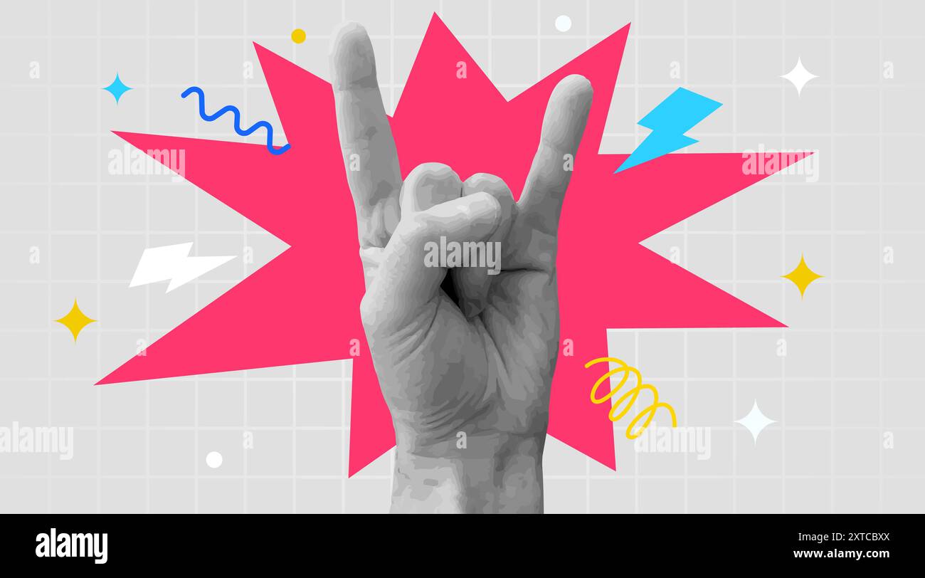 Contemporary punk poster with hand making rock gesture. Doodle elements ...