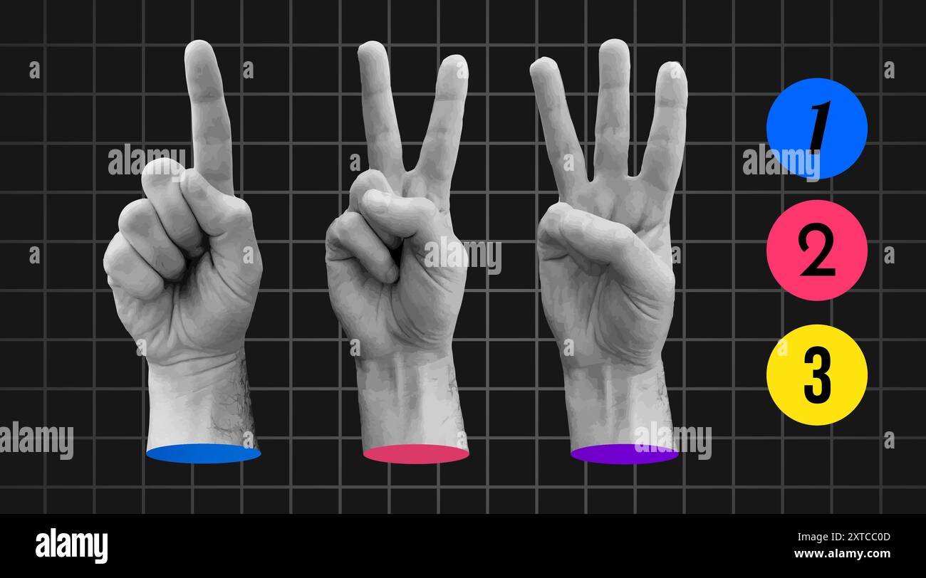 Set of trendy hands collage. Retro elements. Hands show one, two, three ...