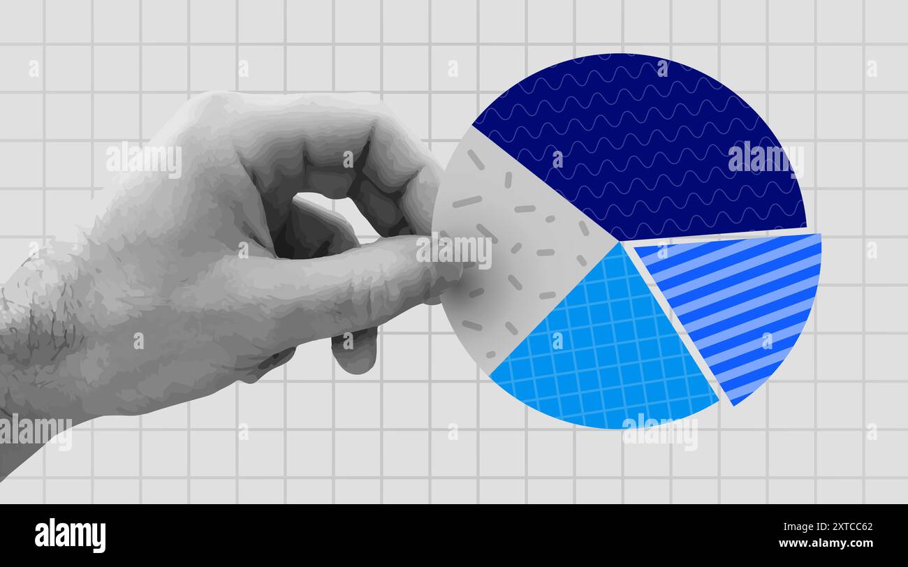 Retro collage hand holding pie chart diagram. Business data and market ...