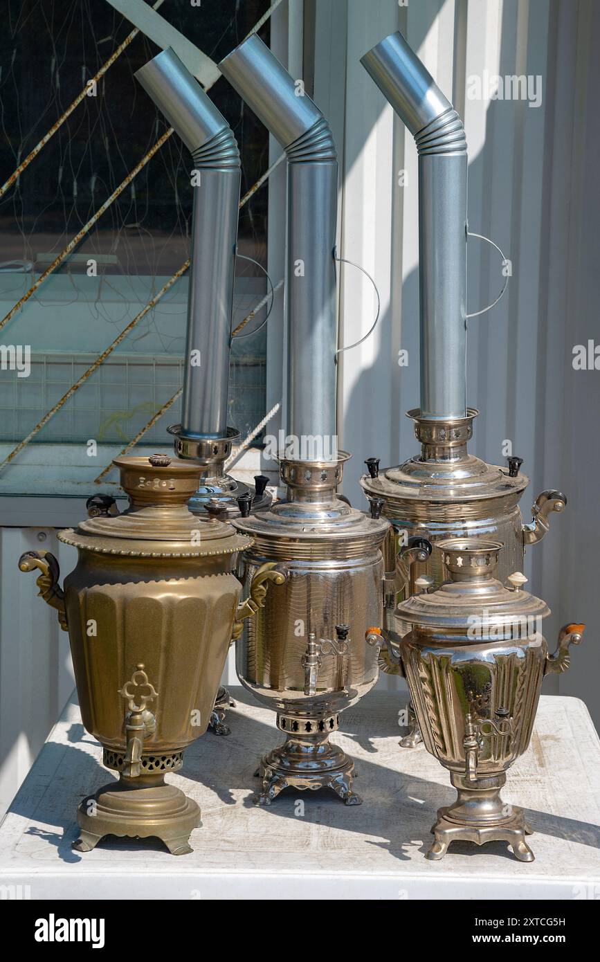 Old samovars close-up on the street Stock Photo - Alamy