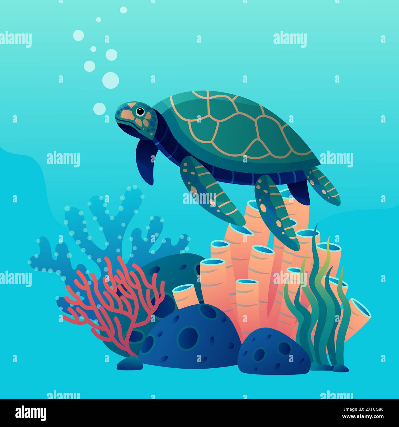 A sea turtle swimming through the coral reefs, corals, and sponges at ...