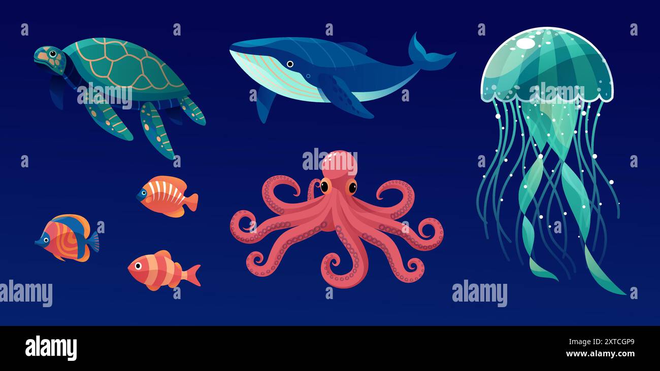 Collection of elements such as octopus, tropical fish, whale, jellyfish ...
