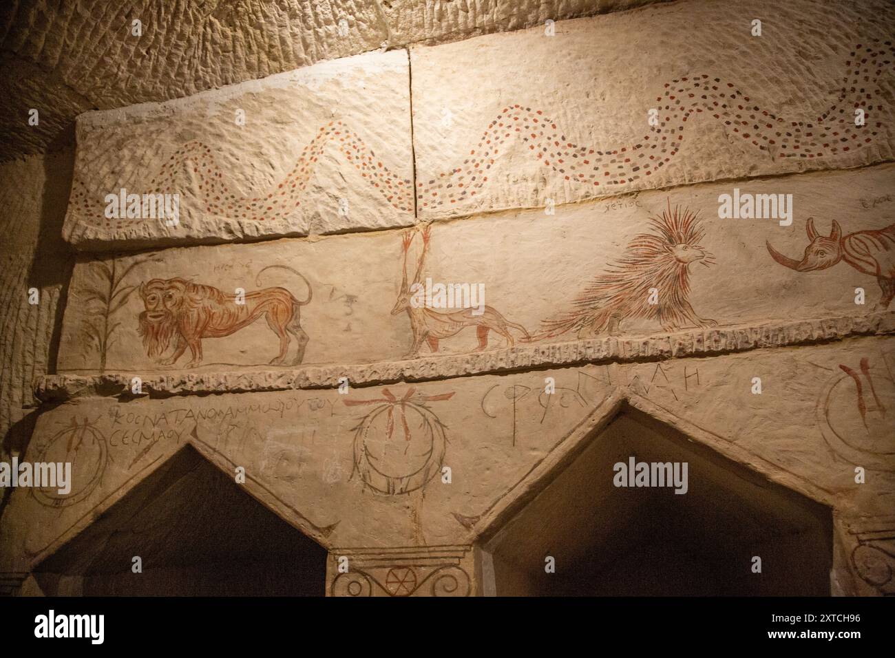 Painted and decorated walls in the interior of Columbarium cave at Tel ...