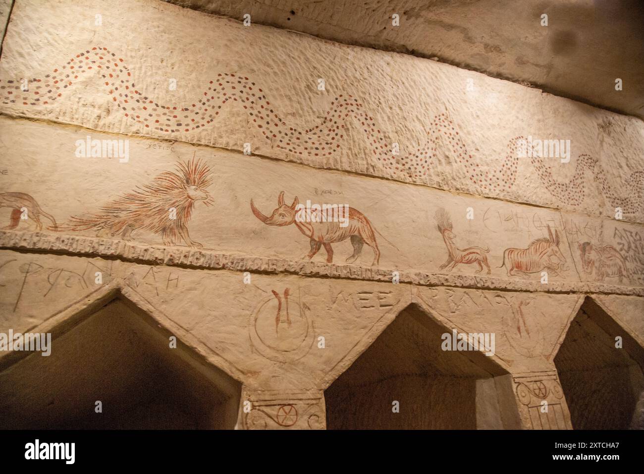 Painted and decorated walls in the interior of Columbarium cave at Tel ...