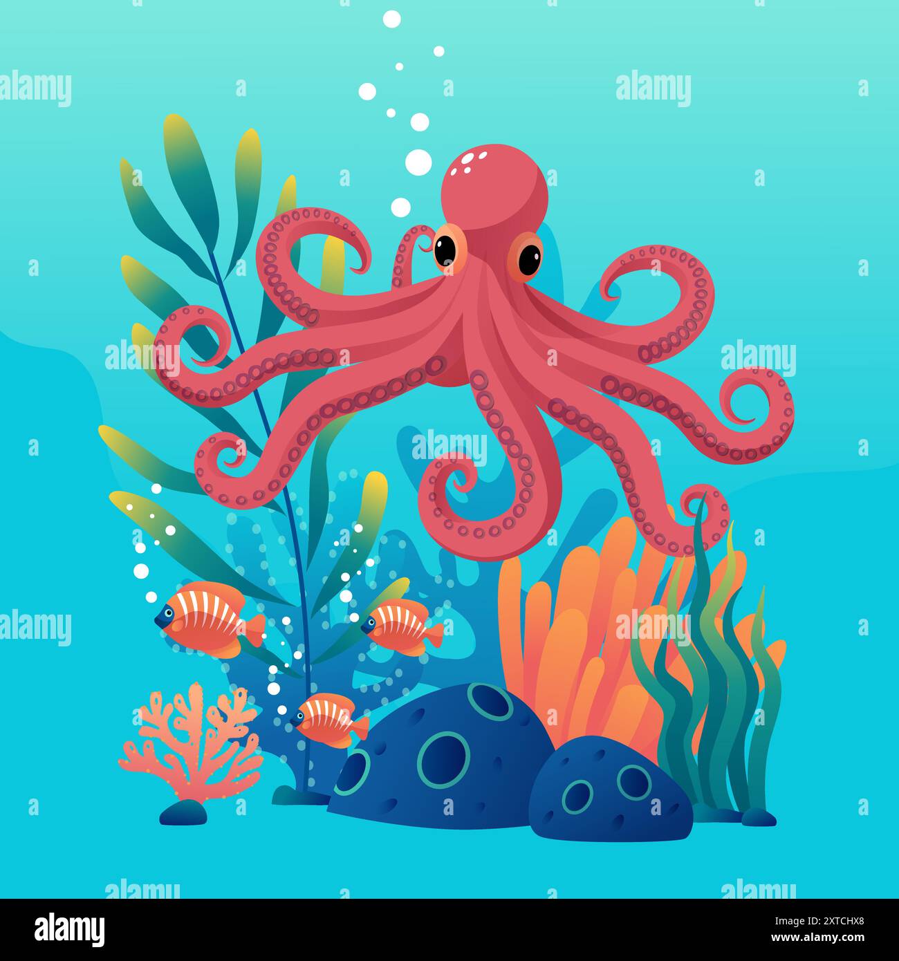 An octopus swimming through the corals, seaweed, and sponges at the ...