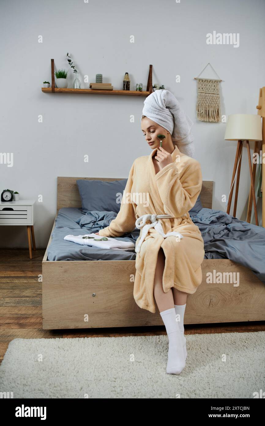 Young woman in robe uses face roller during morning routine Stock Photo ...