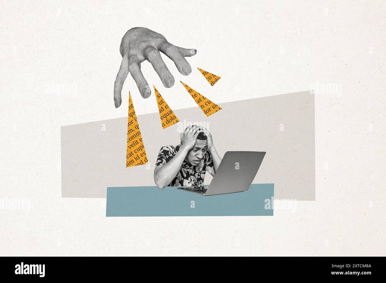 Composite photo collage of panic american guy hold head sit laptop ...