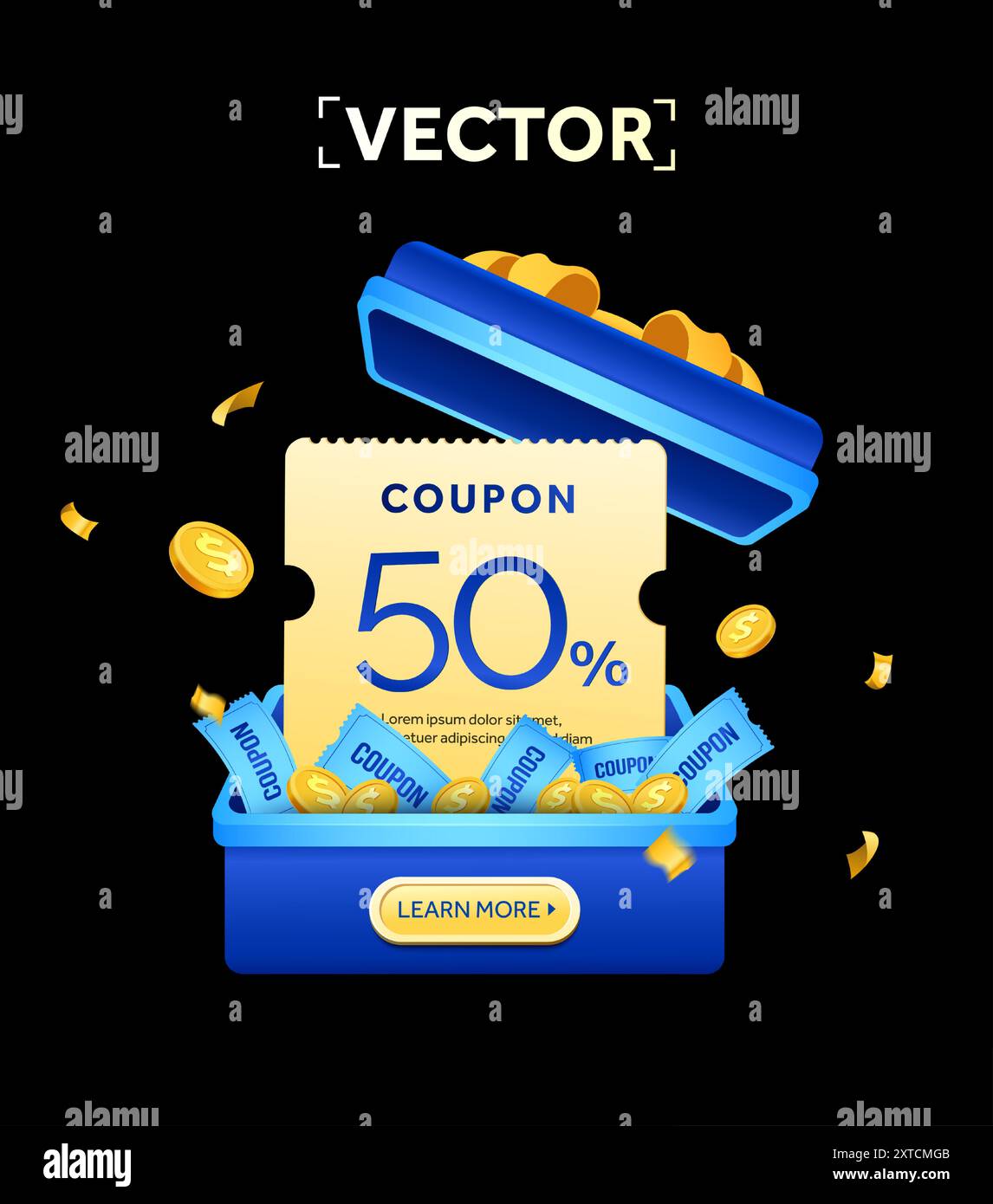 3d Opened gift box with voucher, coupon and serpentine ribbon, confetti ...
