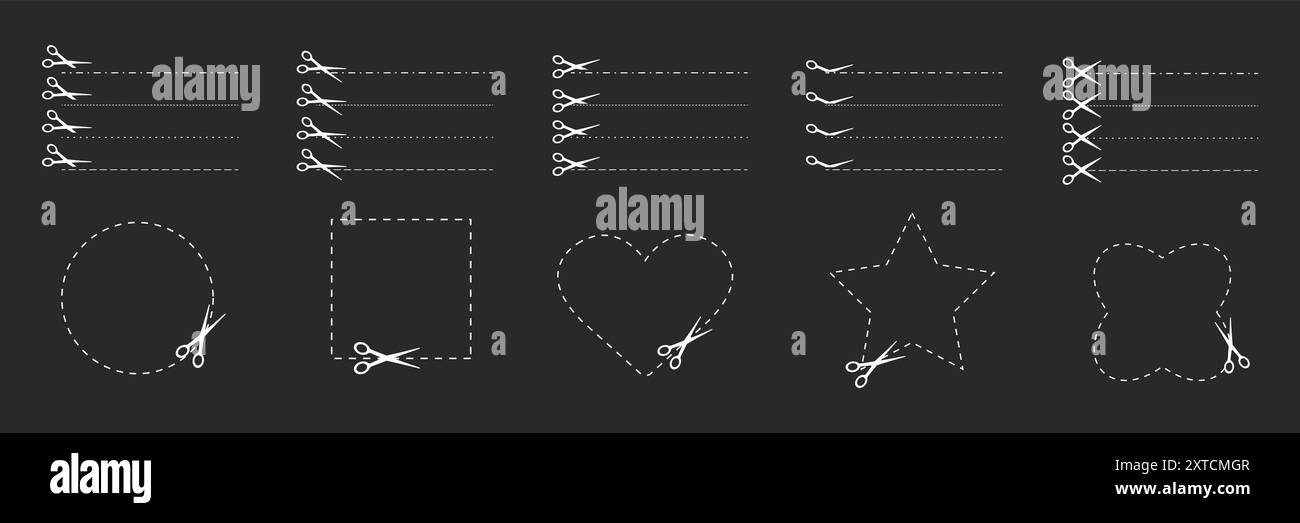 Cut here. Black scissors cutting. Set of cut dash lines and shapes ...