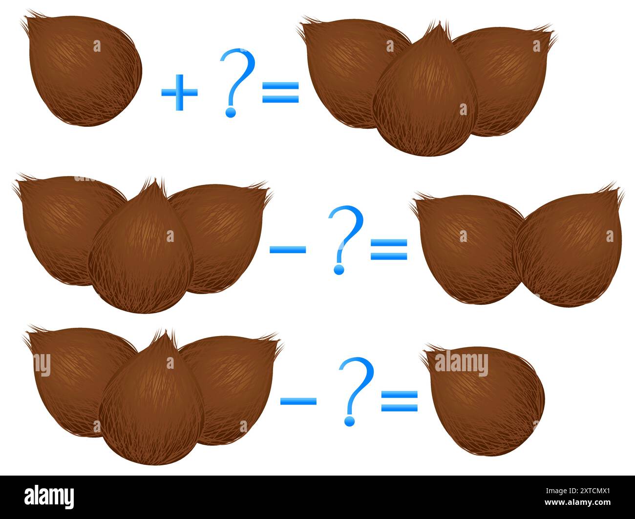 Action relationship of addition and subtraction, examples with coconuts ...