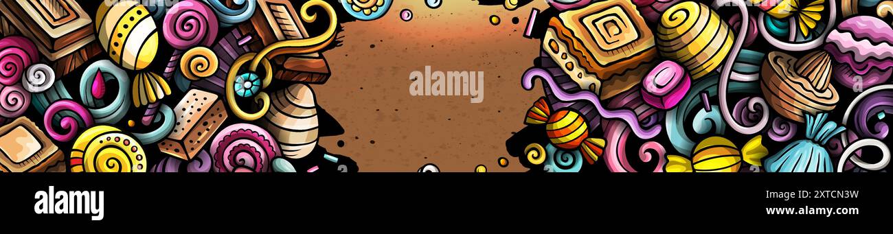 Cartoon vector doodle Candies banner template. Funny Sweet food ...