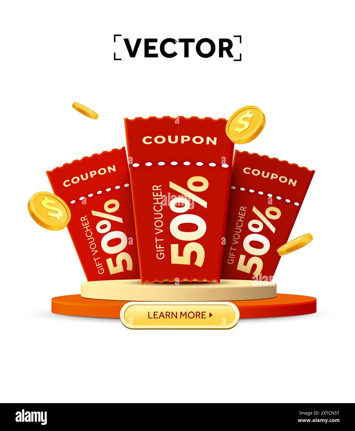3d red coupons with coins on podium, isolated on white background. 3d ...