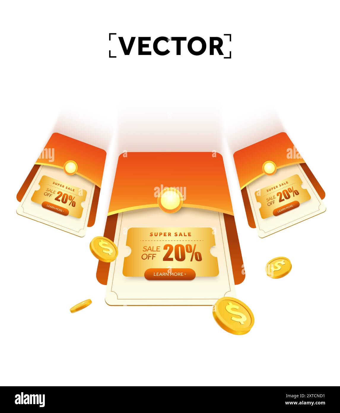 3d flying orange coupons with coupon code and percentage off inside an ...