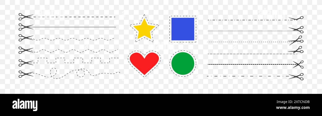 Cut here. Black scissors cutting. Set of cut dash lines and shapes ...