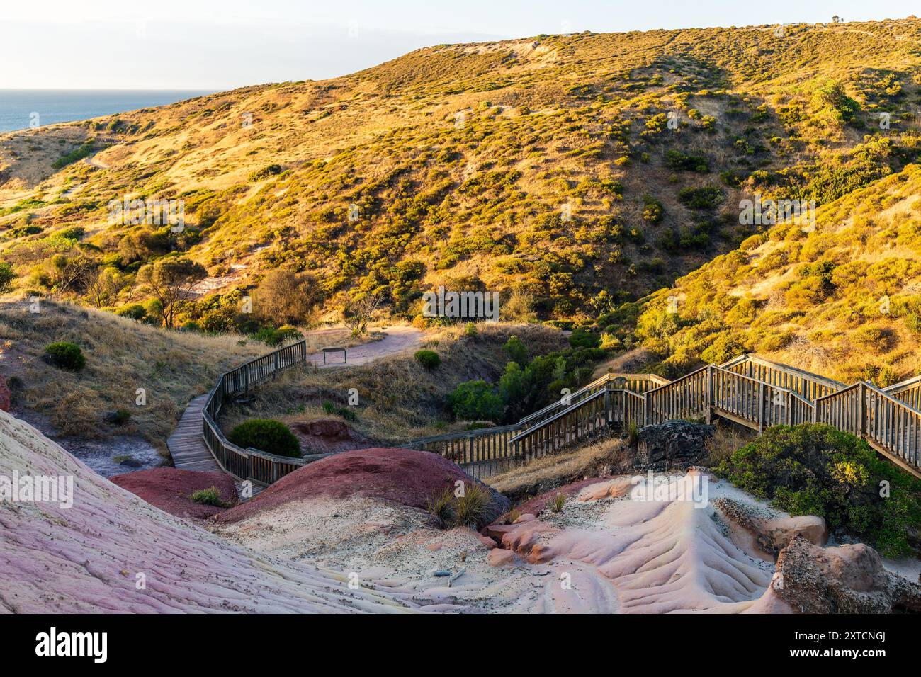 Hallett Cove boardwalk around the iconic Sugarloaf mountain at sunset ...