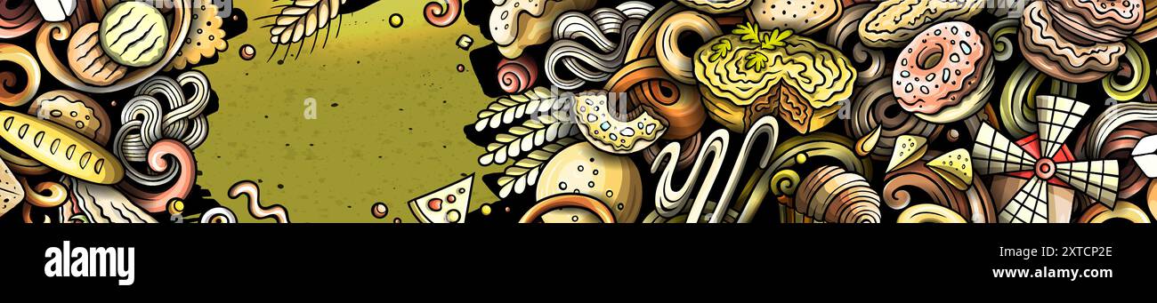 Cartoon vector doodle Bakery banner background. Funny Bakehouse ...