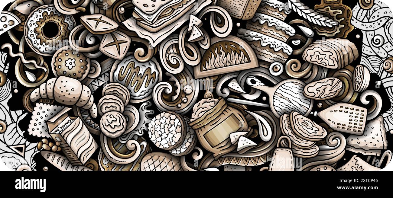 Cartoon vector doodle Bakery banner background. Funny Bakehouse ...