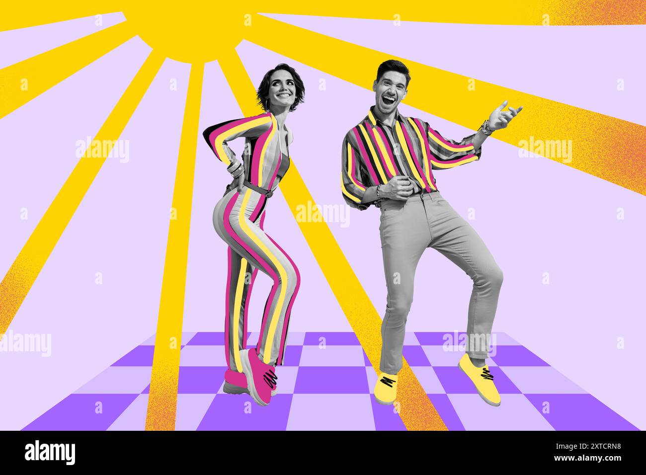 Composite photo collage of two happy girl guy dance retro party shiny ...
