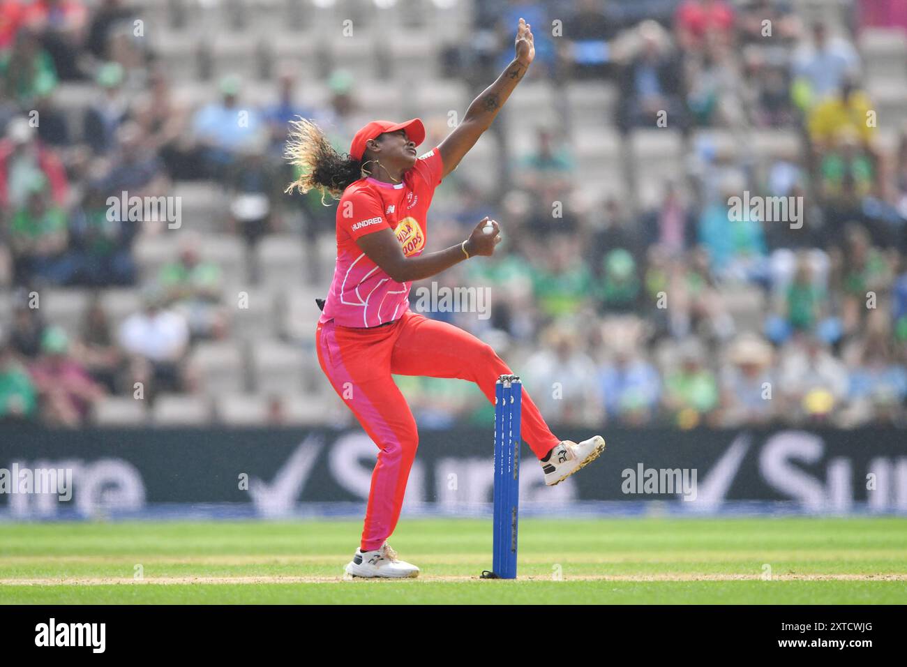 Southampton, UK. 14 August 2024. Hayley Matthews of Welsh Fire bowling ...