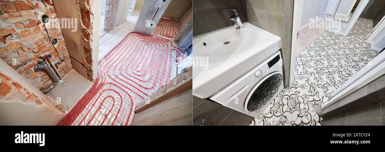 Comparison of washroom lavatory before and after renovation. Old ...