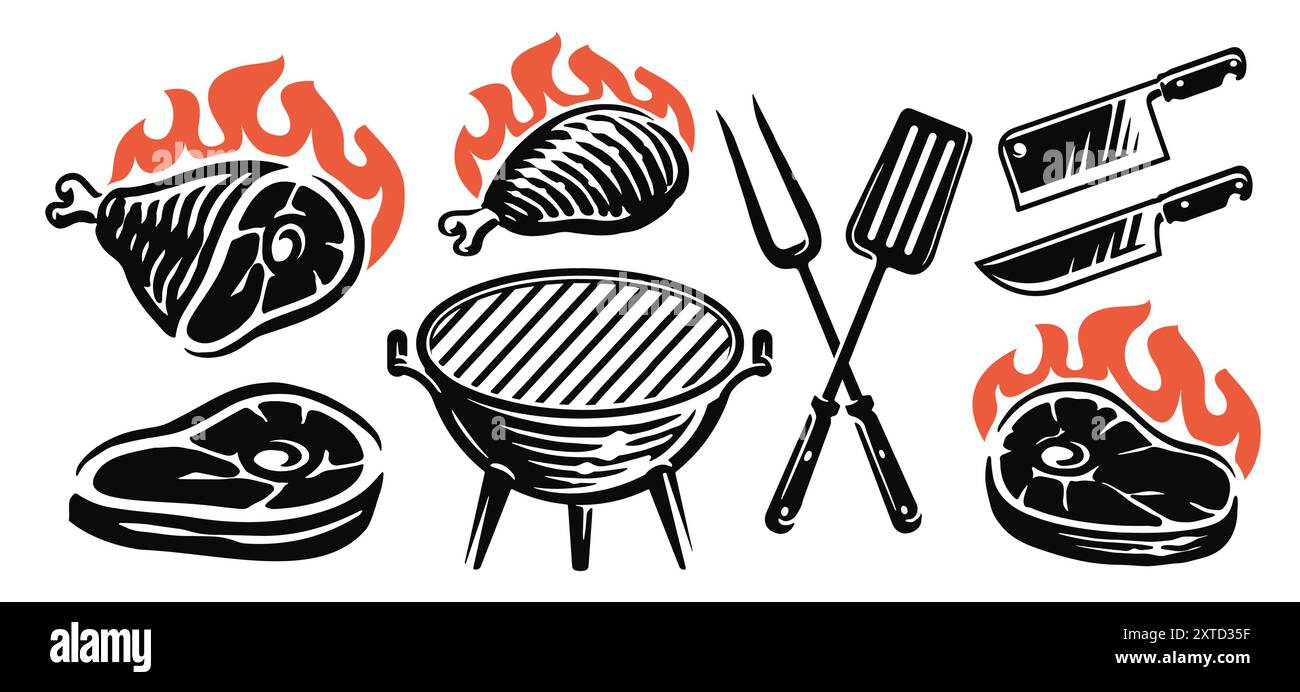 Barbecue set. Bbq grill food concept. Hand drawn collection of elements ...