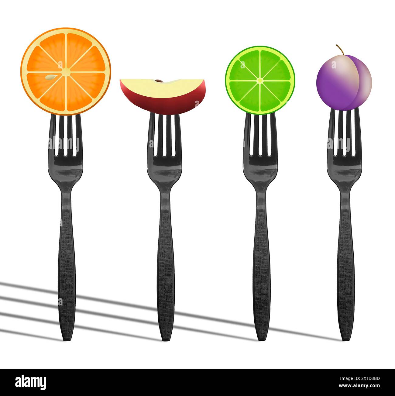 Fruits that are healthy food choices are seen on forks in a 3d ...