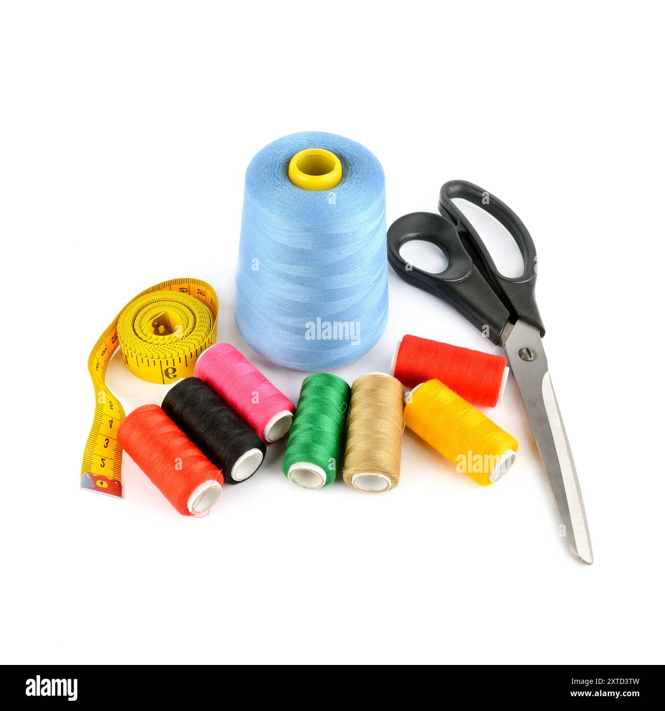 Set of sewing threads, scissors and measuring tape isolated on white ...