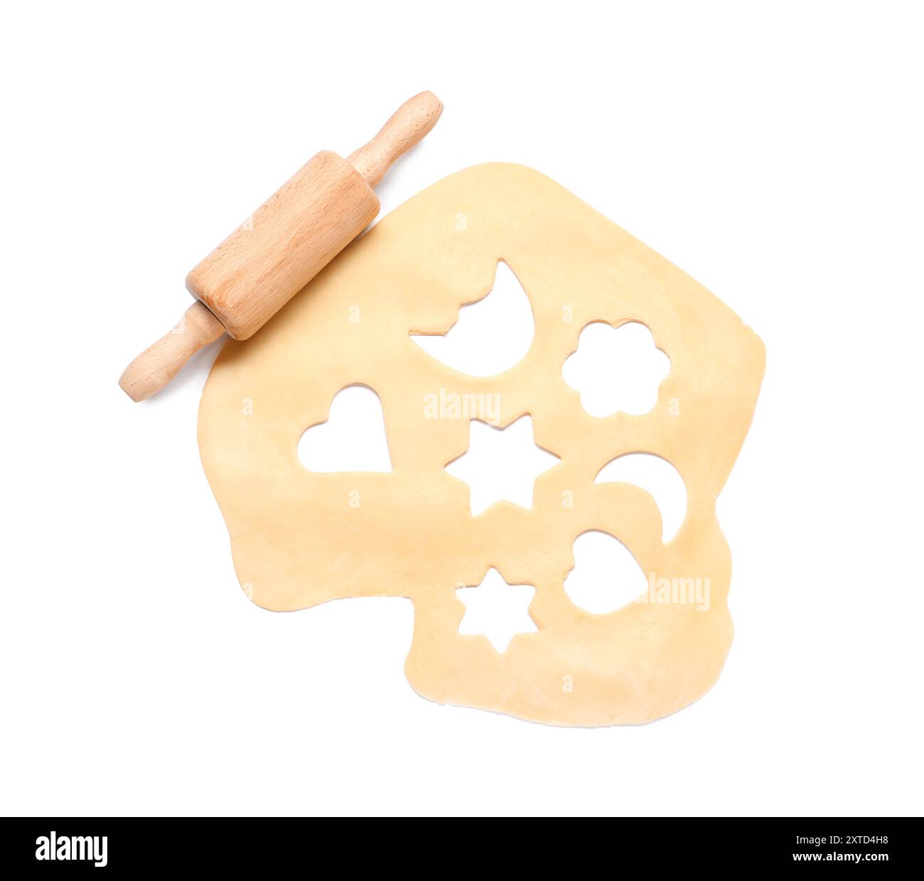 Raw dough and wooden rolling pin isolated on white, top view Stock ...