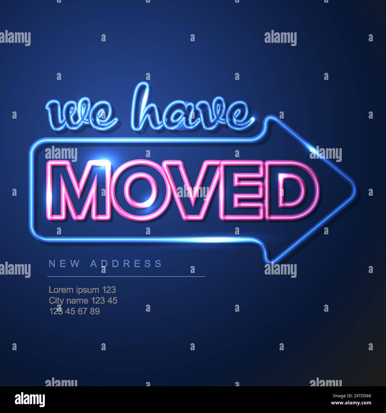 We are moving blue and pink neon flyer template with big arrow and ...