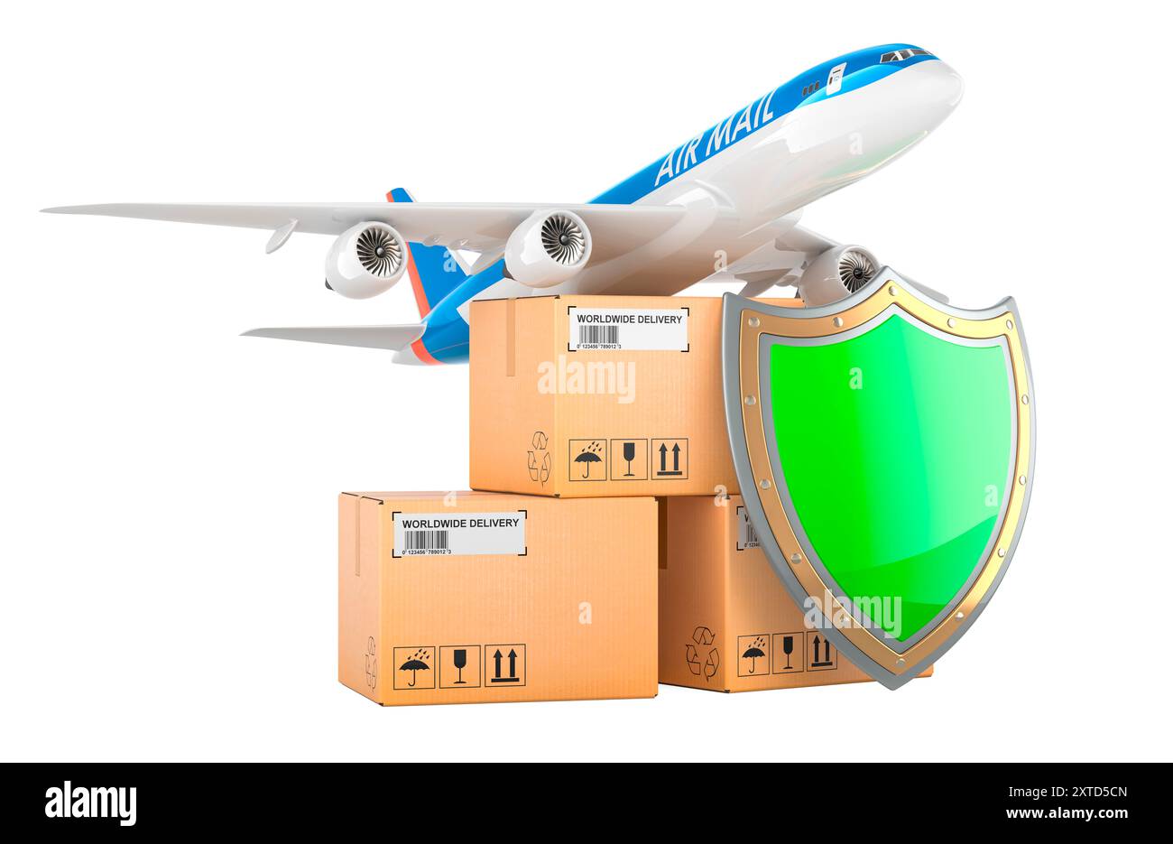 Air Cargo Safety, concept. Parcels with mail aeroplane and shield. 3D ...