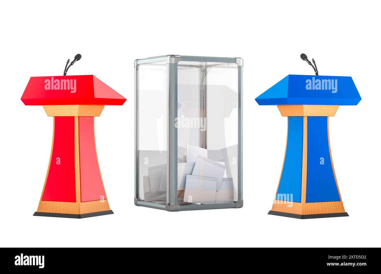 Red and blue tribunes with ballot box between. 3D rendering isolated on ...