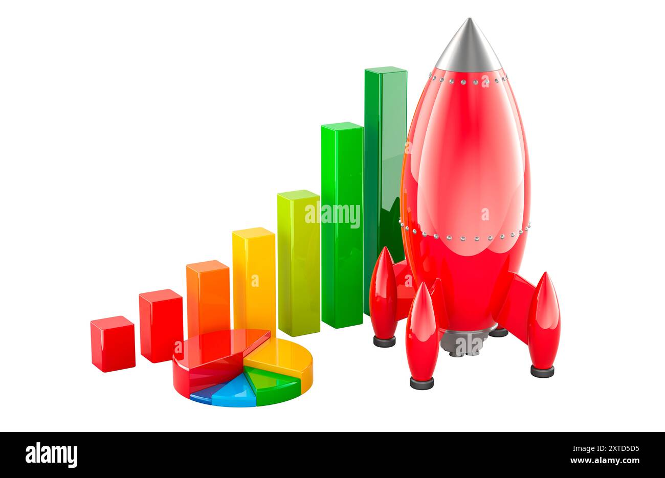 Rocket with growth bar graph and pie chart, 3D rendering isolated on ...