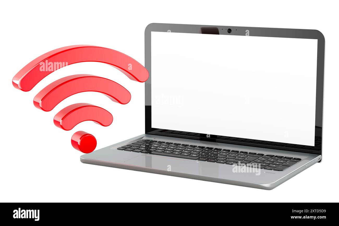 Laptop computer with white screen and Wi-Fi symbol, 3D rendering ...