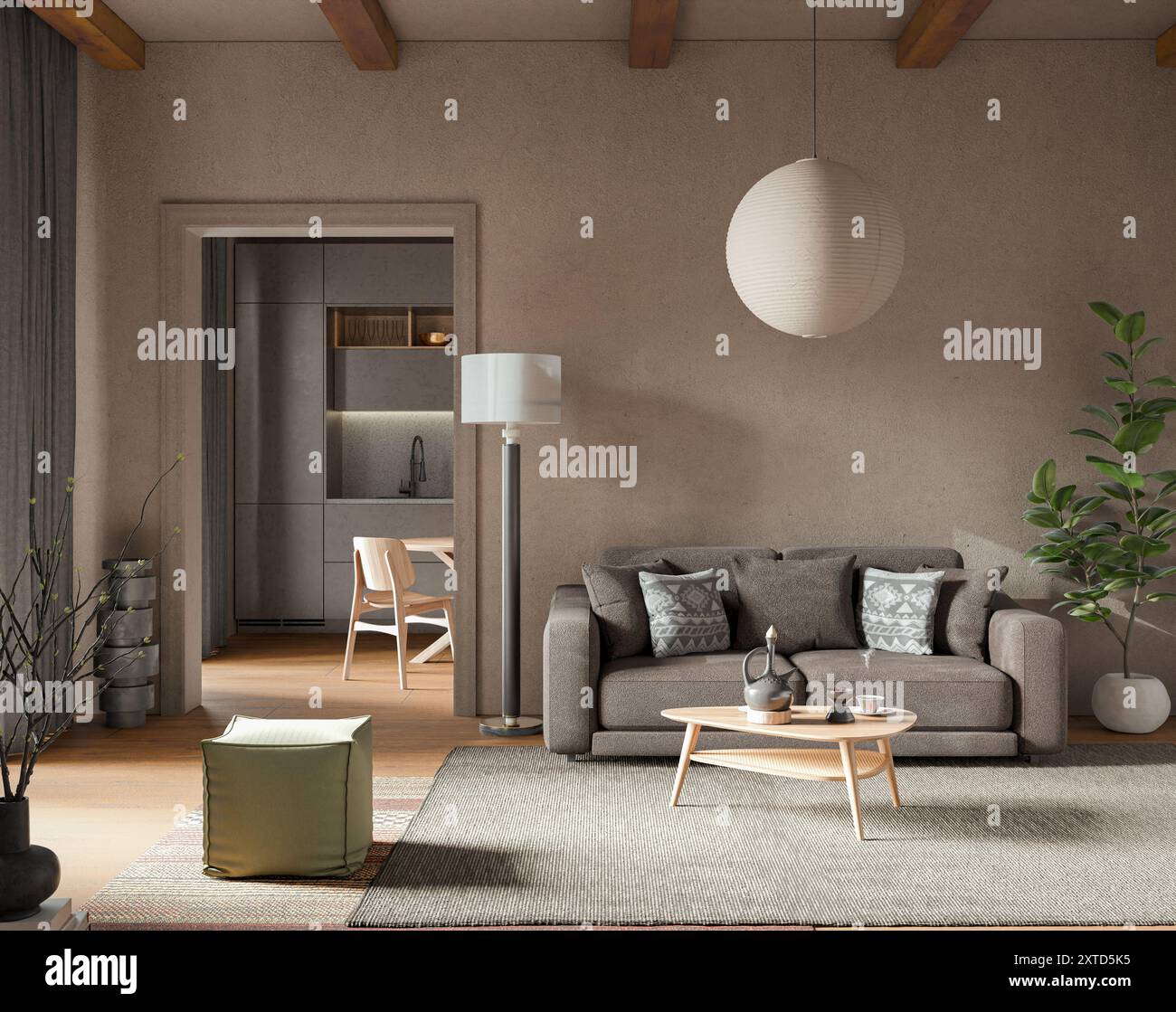 Contemporary interior design of the living room with stucco walls and ...