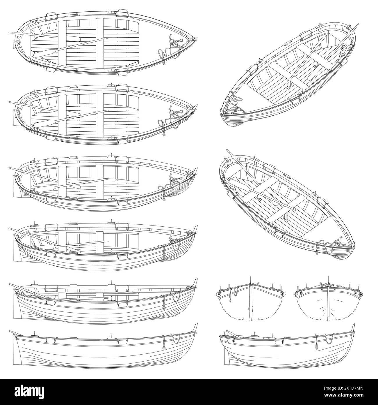 Set with outline of fishing wooden boat in different positions from black lines isolated on ...