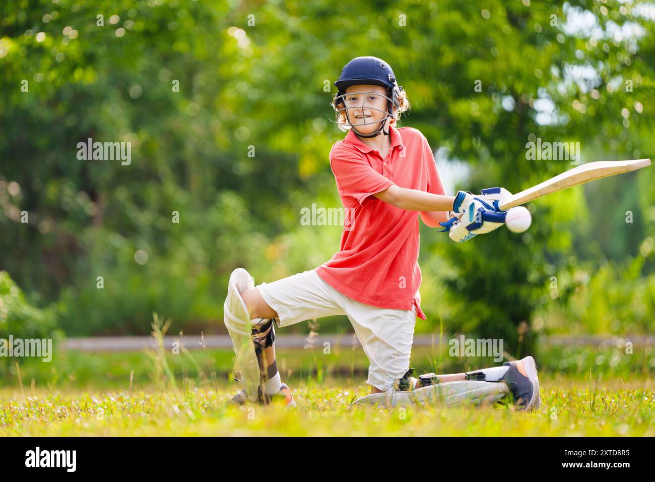Kids playing cricket in summer park. Boy with bat and ball on cricket ...