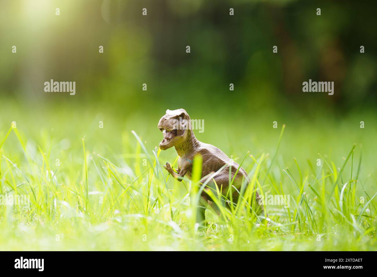 Child playing with dinosaur toy in sunny garden. Young paleontologist ...