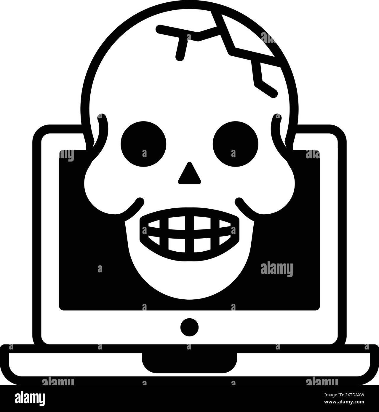 A skull is on a laptop screen. The skull is smiling and has its mouth ...