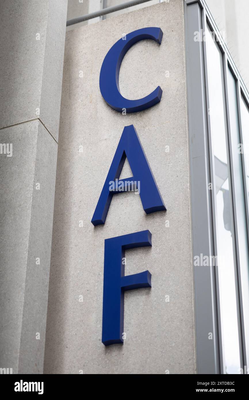 Paris, France. 14th Aug, 2024. View of a CAF logo (Caisse Allocations ...