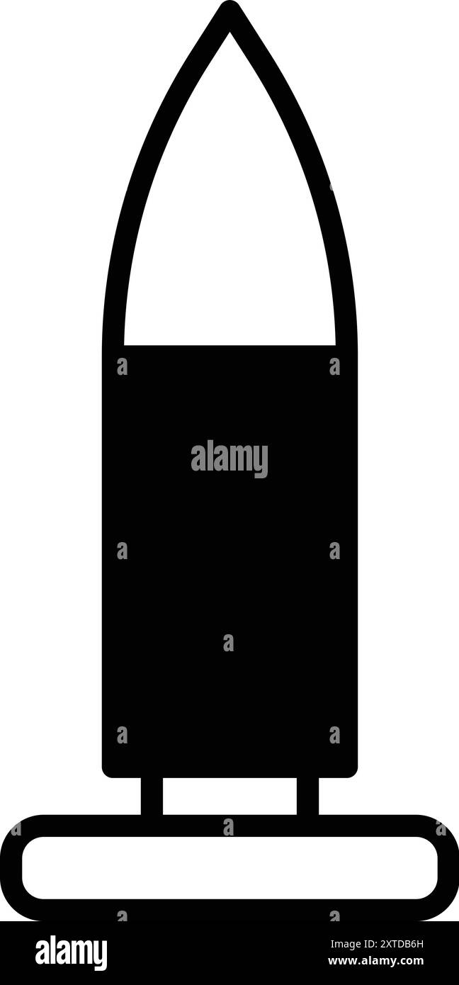 A bullet is shown in black and white. The bullet is pointed and has a ...