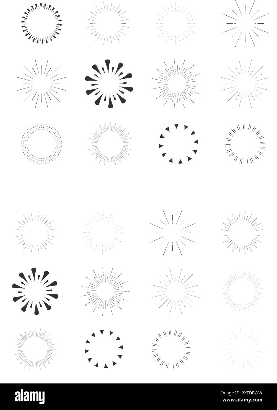 Set Fireworks, rays, sunburst frames circle border decoration, sparkle in doodle style, line ...